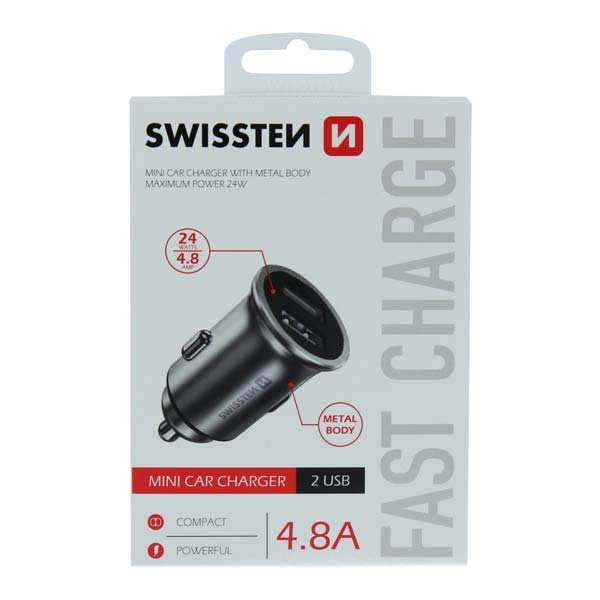 Swissten CL Adaptér 2 x USB 4,8 A, strieborná, Swissten CL Adaptér 2x ...